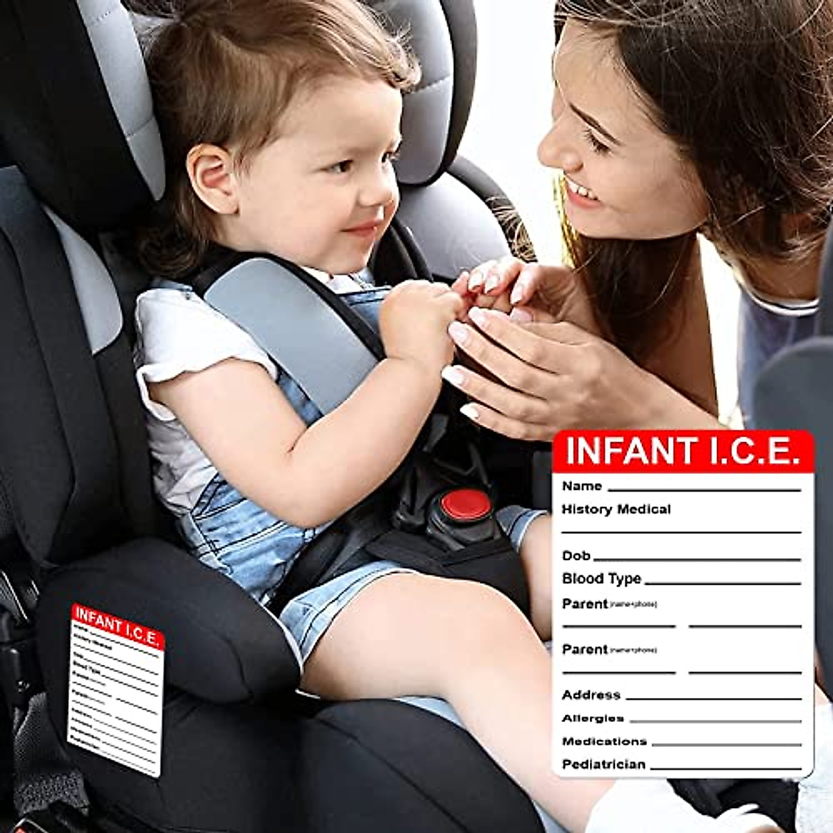 25 Pcs Infant I.C.E.(in Case of Emergency) Car Seat Sticker Safety Information 3 x 4 Inch Child Emergency Identification Contact Car Seat Stickers - Kids Car Seats Alert Attachment Tag Safety Decals