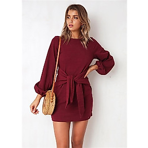 PRETTYGARDEN Women's Elegant Long Lantern Sleeve Short Dress Crewneck Tie Waist Knit Cocktail Dress (Wine Red,Large)
