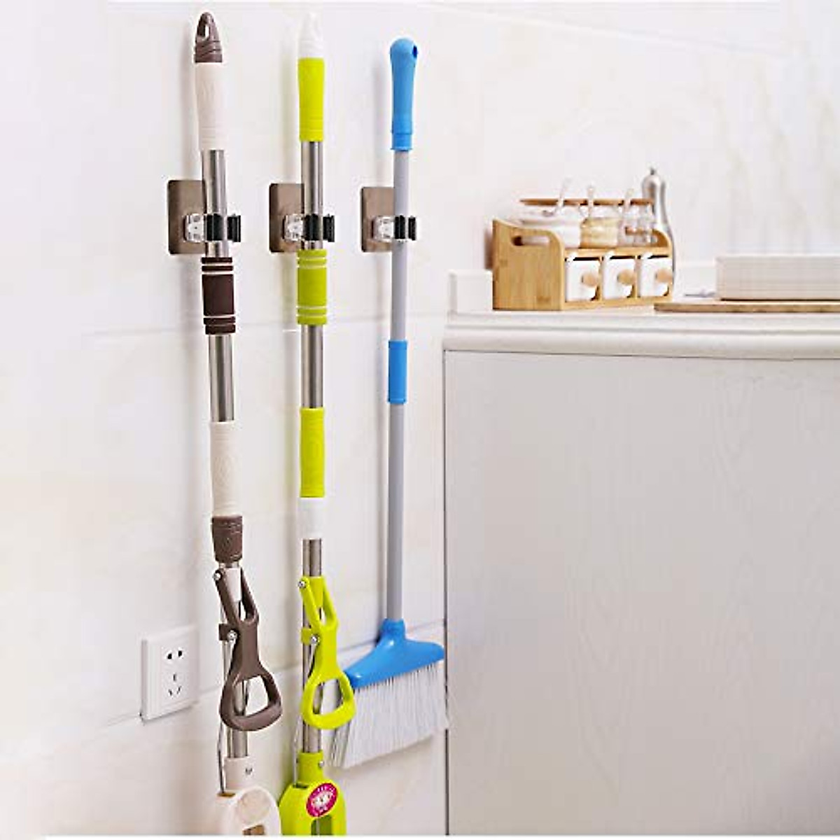 10Pcs Mop Broom Holder Clip, Self Adhesive Wall Mounted Broom Grippers, Great adhesion Anti-Slip Storage Rack for Kitchen, Garden, Garage, Bathroom, Office