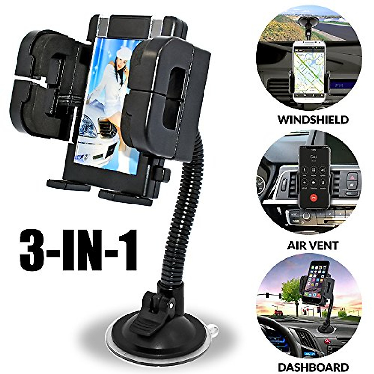 NEM Universal 3-in-1 Car Cell Phone Holder, Windshield Long Arm Phone Holder, Dashboard, Air Vent, Stand with Photo Frame for iPhone 12/11/X/8/7/7P/6s/6P/5S,Galaxy S5/S6/S7/S8/S9,Google,LG,Huawei