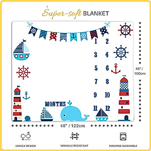 LUCKBTY Monthly Baby Milestone Blanket Newborn Boy Girl Unisex Neutral Nautical Anchor Lighthouse Ocean Nursery Baby Month Picture Blanket Baby Growth Photography Background Prop 48"x40" BTZDLU148