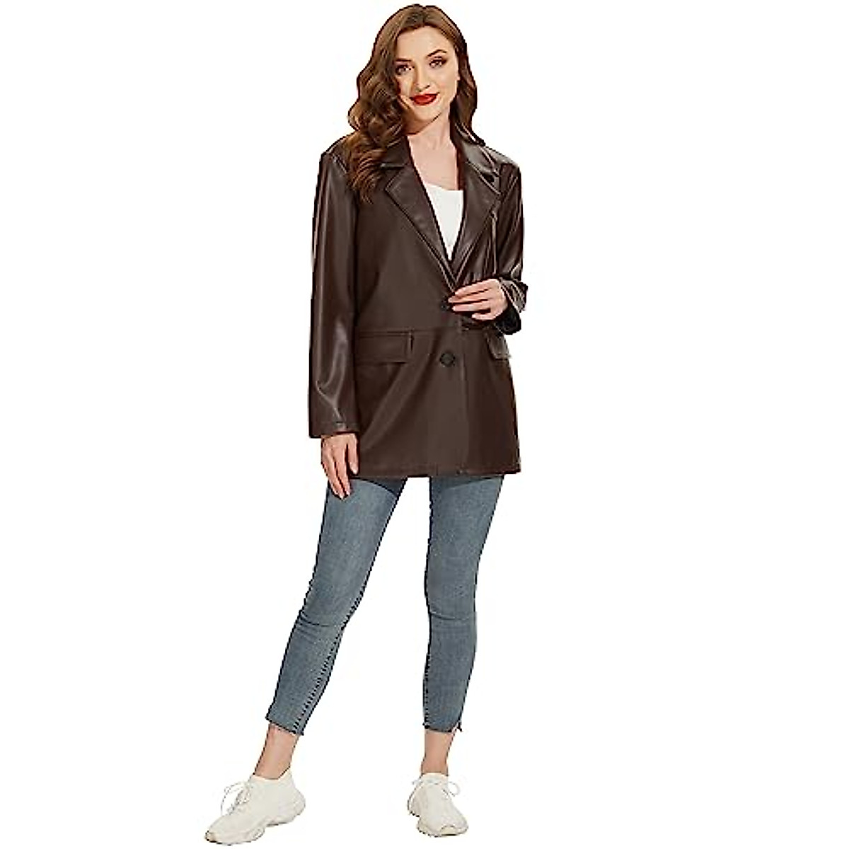 Fahsyee Women's Faux Leather Blazer - Women Motorcycle Vintage Moto Biker Coat Vegan Pleather Fashion Jackets Coffee M