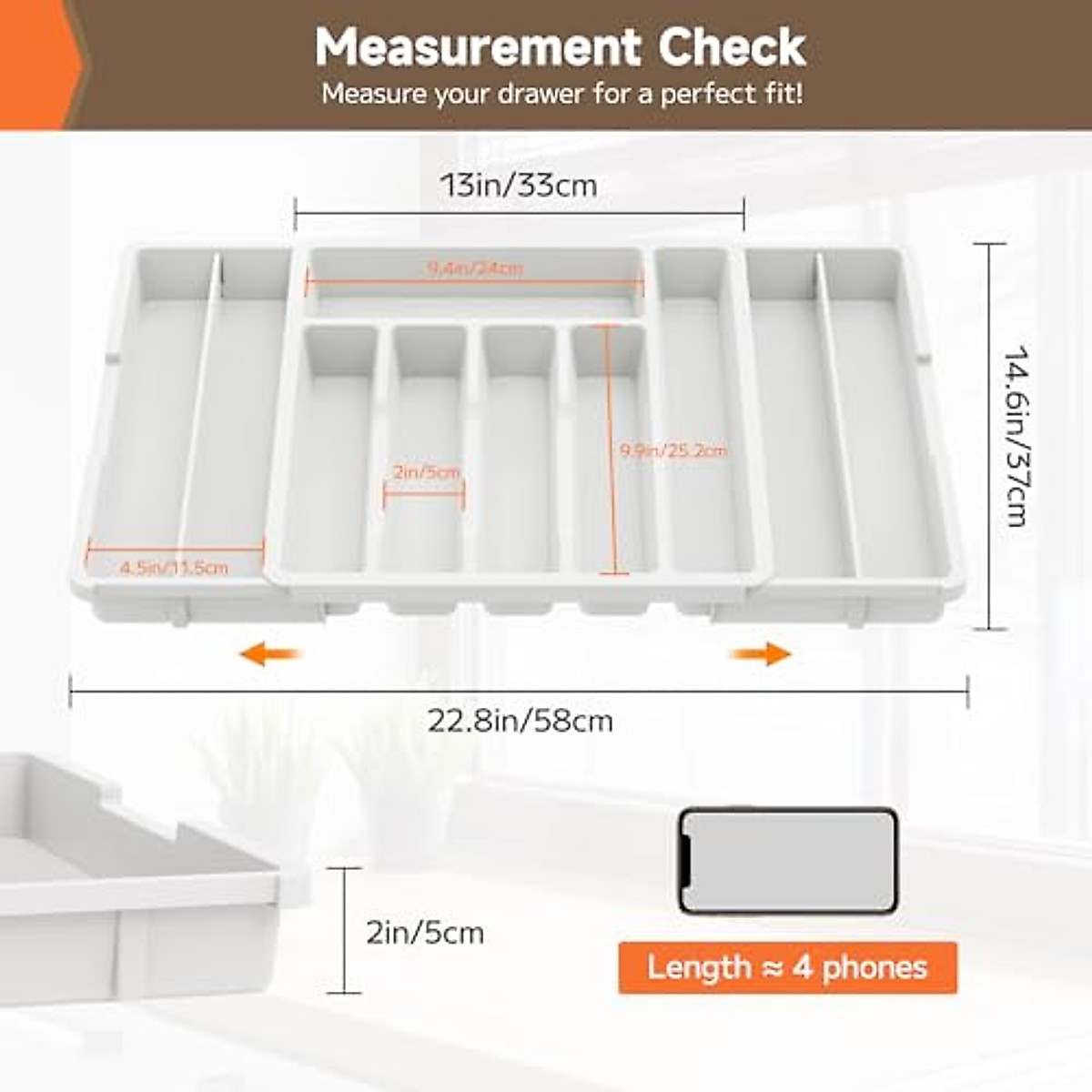 KreuRaxy Expandable Silverware Cutlery Utensil Organizer Tray for Kitchen Drawers, 13 to 22.8 Inch Adjustable Design with 2 Divider, Flatware Tableware Tray for Spoon Spatula Forks, Large, White