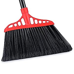 Heavy Duty Broom Outdoor/Indoor Commercial Broom with 55" Long Handle, Wide Angle Corner Broom Perfect for Garage Patio Kitchen Sidewalk Deck Porch Driveway Floor Room Rubbish Sweeping - Black and Red