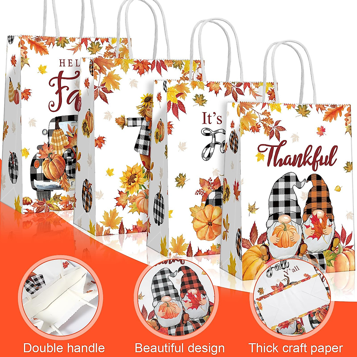 Seajan 32 Pieces Thanksgiving Gift Bags with Tissue Paper Thanksgiving Party Favor Bag with Handles Fall Party Treat Paper Bags Fall Candy Bags Thanksgiving Fall Autumn Party Supplies and Gifts