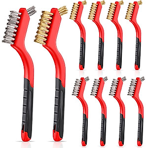 Patelai Wire Brush Set Stainless Steel/Brass/Nylon Bristles with Curved Handle Grip, Extra Bristles for Narrow Areas, Heavy Duty Mini Crimped Scratch Brush for Cleaning Grill (Classic,10 Pcs)