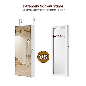 Hzuaneri 8 LEDs Mirror Jewelry Cabinet, 35.4-inch Jewelry Armoire Organizer, Wall/Door Mount Lockable Storage Cabinet with 4 Earrings Shelves, 2 Makeup Pockets, White and Black JC9003B