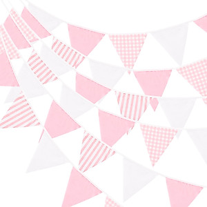GCQQ 40Ft Pink White Party Decoration, 42Pcs Large Striped and Checkered Fabric Banner Garland, Triangle Banner Flags for Valentine's Pink Party, Wedding, Bridal Baby Shower, Home Nursery Decoration