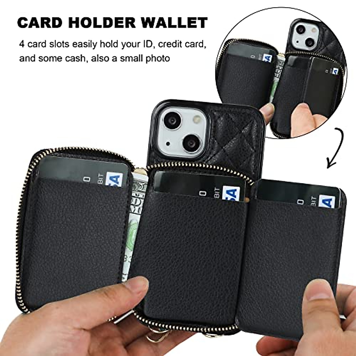 Bocasal Crossbody Wallet Case for iPhone 13 Mini, RFID Blocking PU Leather Zipper Handbag Purse Flip Cover, Kickstand Folio Case with Card Slots Holder Wrist Strap Lanyard 5G 5.4 Inch (Black)