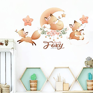 Cute Little Fox with Flower Wall Stickers, Cartoon Animal Wall Stickers, Removable DIY Wall Decor Vinyl Mural Art for Kids Baby Nursery Bedroom Living Room Playroom Decoration