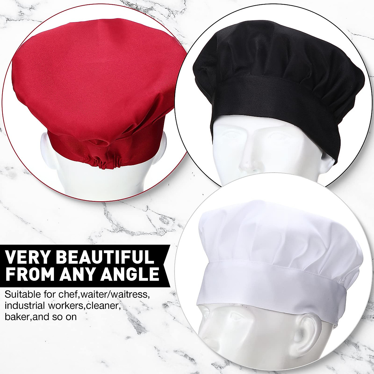 18 Pcs Chef Hats for Adults Adjustable Elastic Chef Cap Kitchen Bakers Hat Cooking Cap Funny Chef Gifts for Men Women, Black, White, Red
