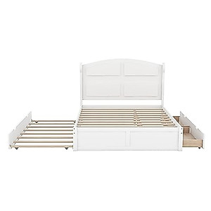 BOVZA Queen Size Platform Bed Frame with Headboard, Twin Size Trundle and 2 Drawers, White