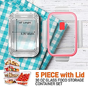 NutriChef 5-Piece 30 oz Glass Meal Prep Containers - Stackable BPA-Free Kitchen Storage Containers for Food with Improved Leakproof Snap Lock Lids - Dishwasher, Freezer, & Microwave Safe - Red