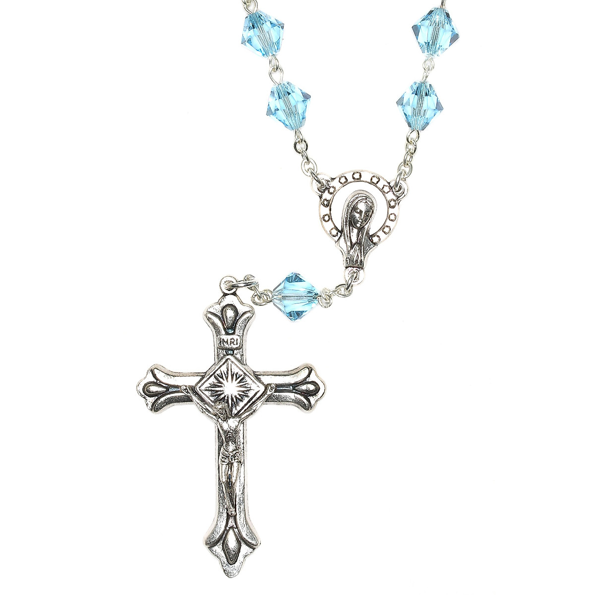 One Decade Auto Rosary made w/Aquamarine Blue Austrian Crystals (March) - Communion, Confirmation, RCIA, Birthday & more