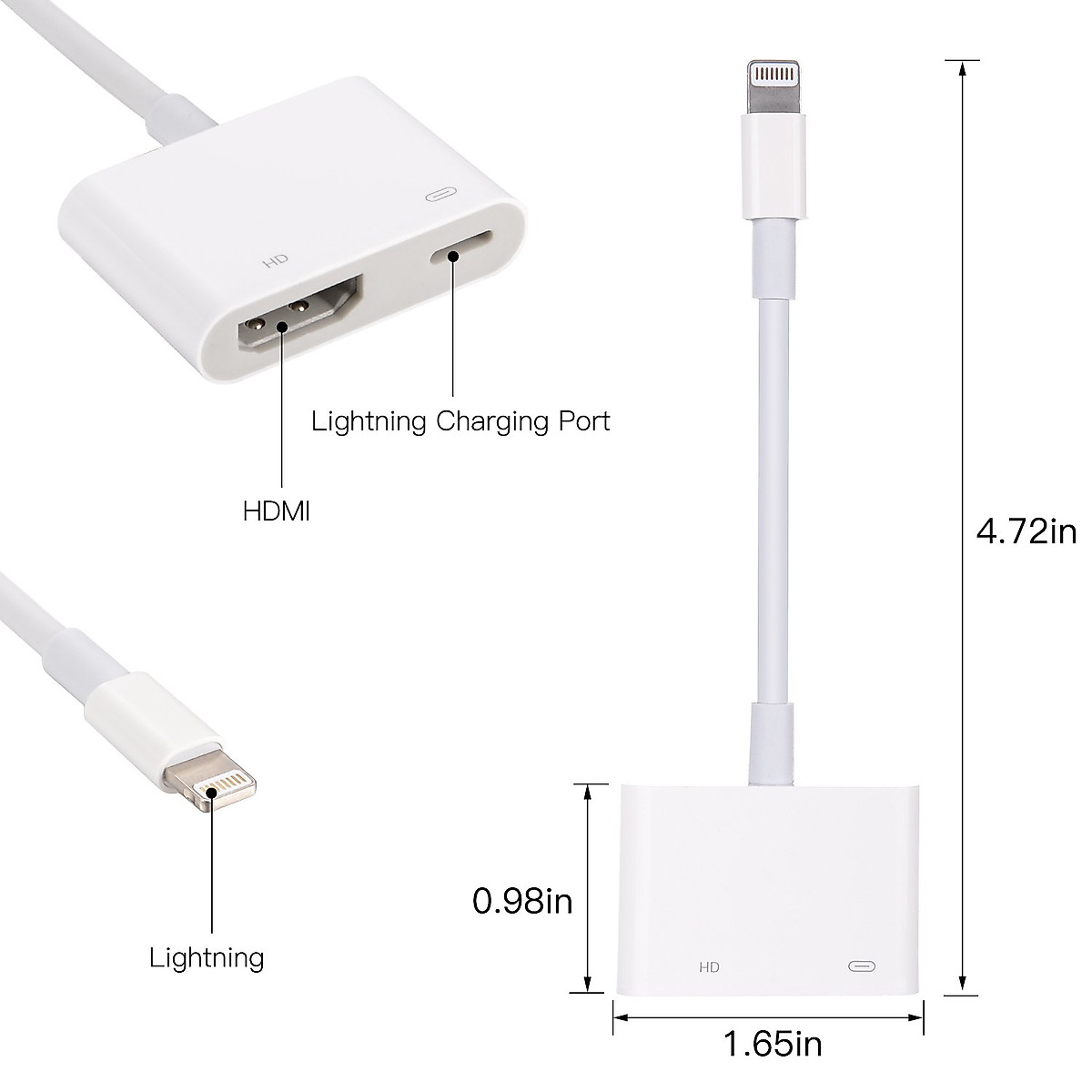 WORLDBOYU Lightning to HDMI Adapter Lightning Digital AV Adapter 1080P with Lightning Charging Port for Select iPhone iPad and iPod Models and HDTV Monitor Projector White