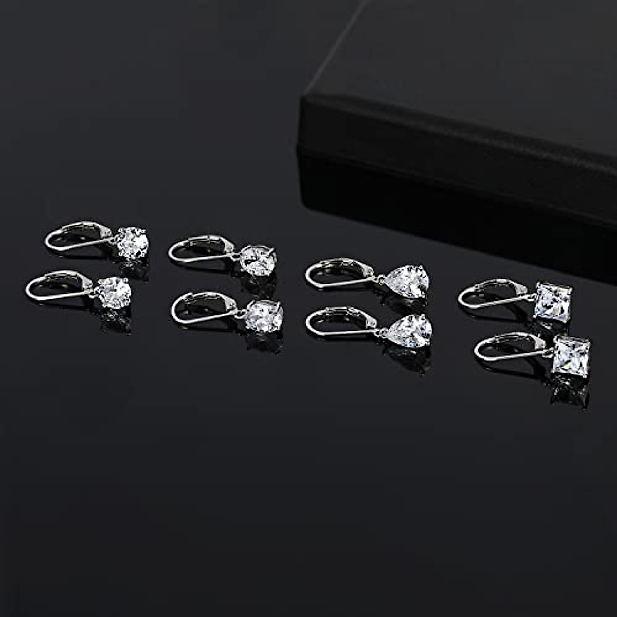 MDFUN 18K White Gold Plated Round Princess Cut Clear Cubic Zirconia Tear Drop Dangle Earrings for Women Hypoallergenic 4 Pairs