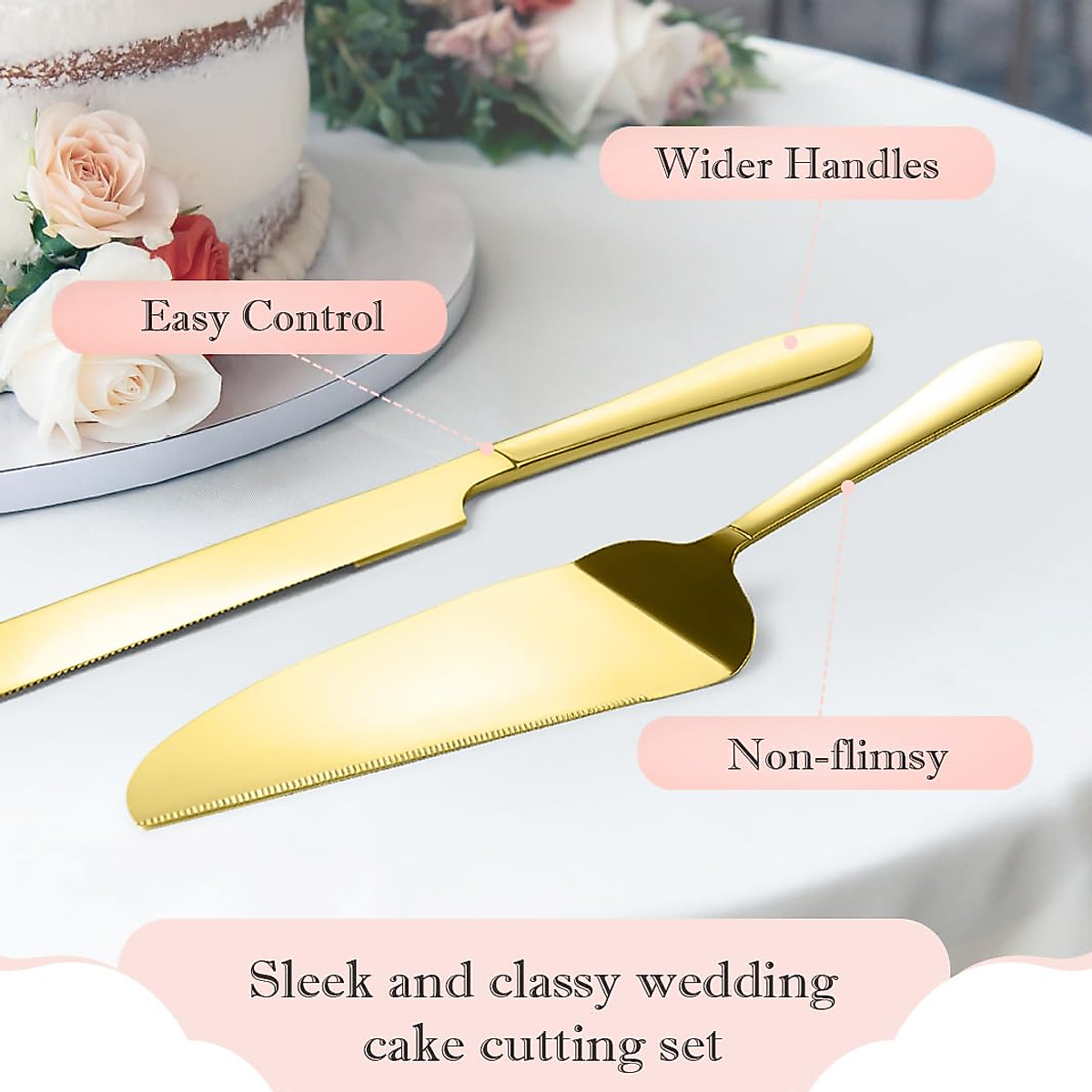 Teivio Cake Cutting Set (2 Pieces), Stainless Steel Wedding Cake Knife and Server Spatula, Cake & Pie Serving Set for Birthday, Wedding, Parties, Thanksgiving (Gold)