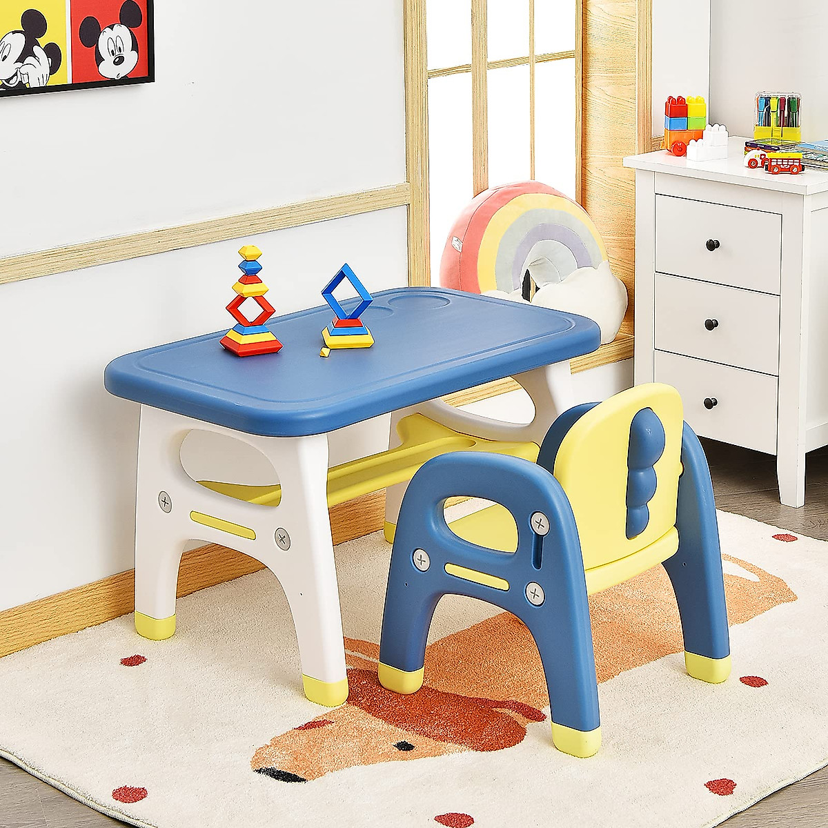 Costzon Toddler Table and Chair Set, Cute Dinosaur Children Activity Art Sturdy Desk Set w/Storage Rack & Montessori Toys Building Blocks, Kids Table and Chair for Baby Boys Girls (Blue)
