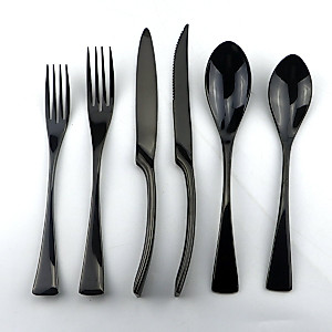 Uniturcky Stainless Steel Mirror Polished Flatware Set, Steak Knife Dinnerware Knife Fork Salad Fork Dessert Spoon 6-piece, Service for 1, Black