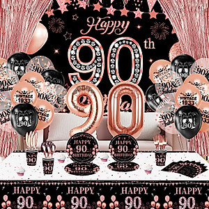 Rose Gold 90th Birthday Decorations for Women Men 150 PCS Black Rose Gold 90th Birthday Party Supplies Includes Rose Gold Happy 90th Birthday Banner Balloons Napkins Cups Tablecloth Plates Foil