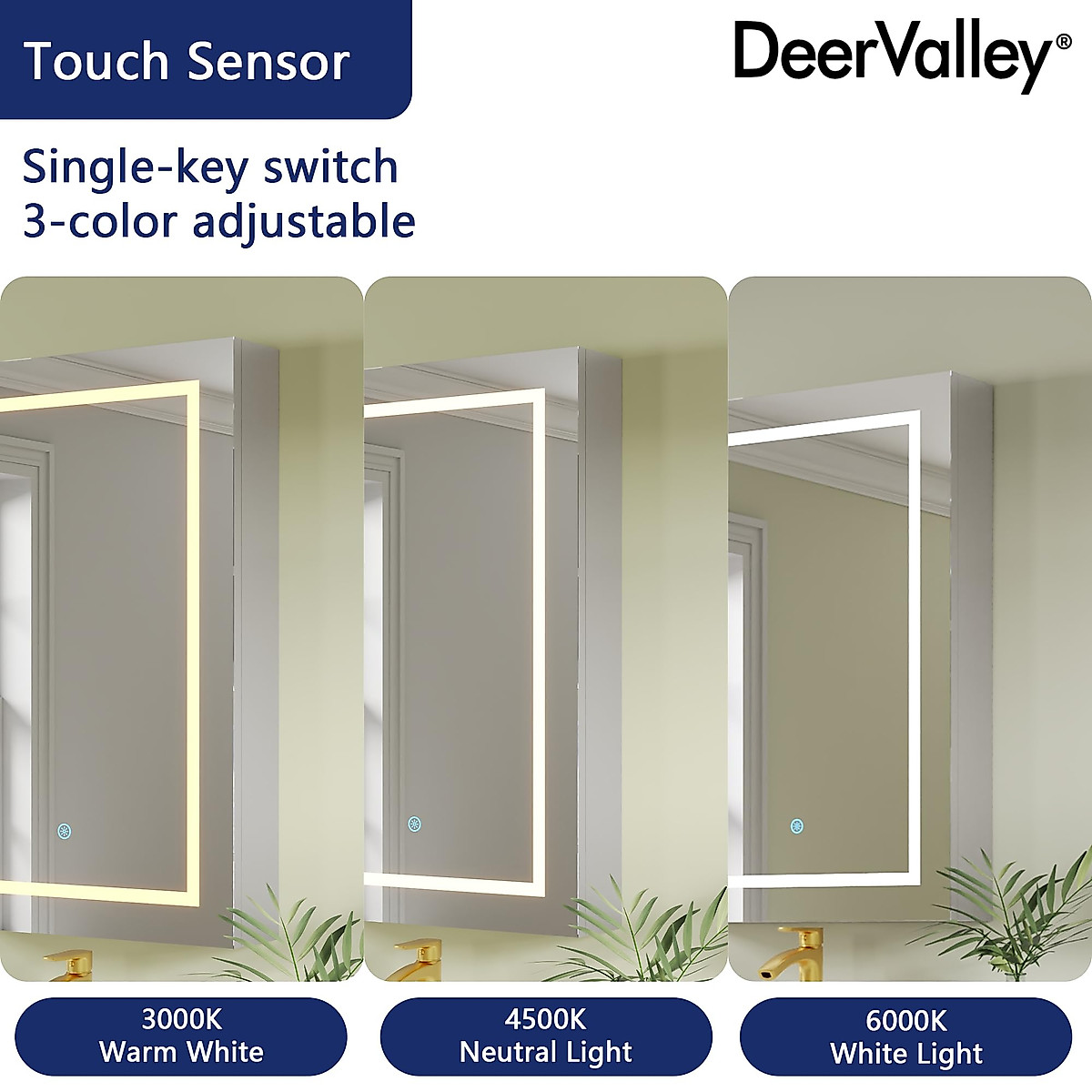 Deer Valley 24" W x 36" H Lighted Medicine Cabinet with Mirror, Led Medicine Cabinet for Bathroom with Defogger & 3-Color, Wall Mounted Mirrored Medicine Cabinets with Lights DV-1VM0187