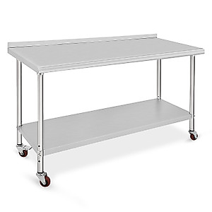 Garvee Stainless Steel Table, 60x24x35 in Metal Trolley Heavy Duty Double Tier Worktable with Casters Backsplash Food Preparation Stainless Steel Table for Kitchen Restaurant Commercial Workstation