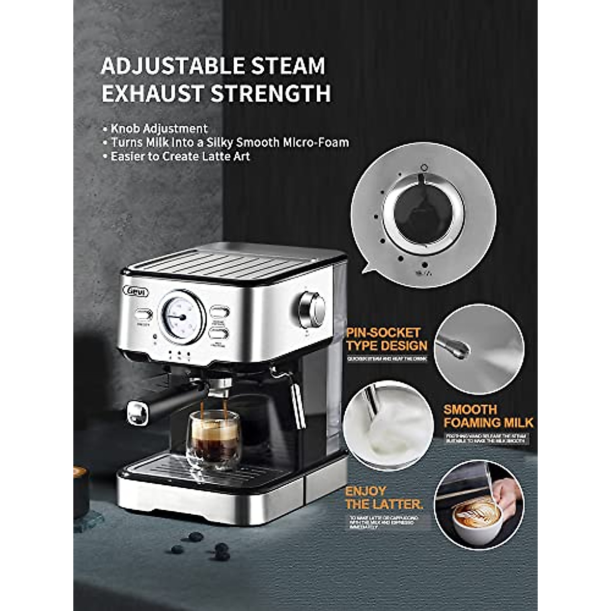 Gevi Espresso Machine 15 Bar Pump Pressure, Cappuccino Coffee Maker with Milk Foaming Steam Wand for Latte, Mocha, Cappuccino, 1.5L Water Tank, 1100W, Black1