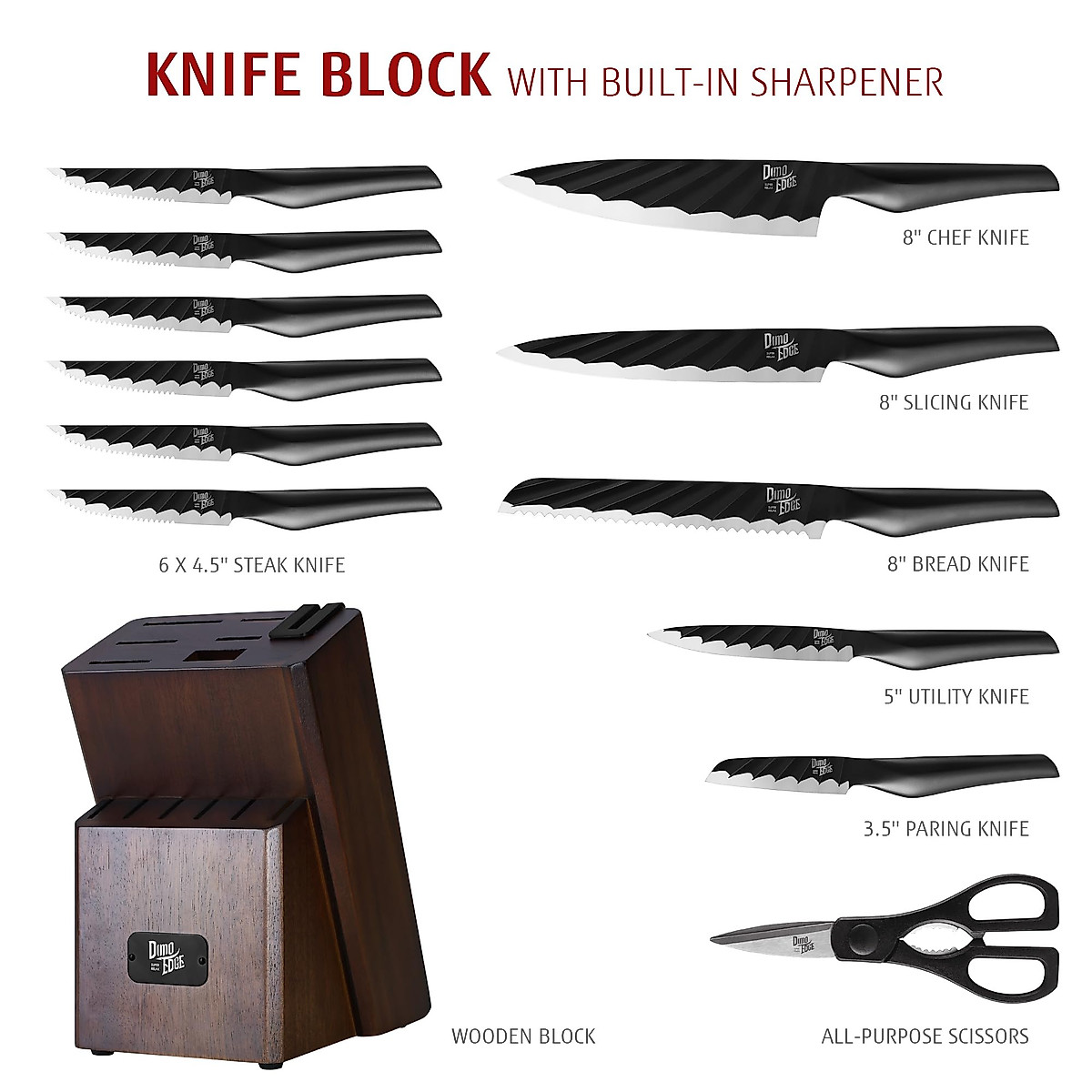 Dimoedge Kitchen Knife Block Set with Built-in Sharpener, Ultra-Sharp 13-Piece Stainless Steel Knives with Ergonomic Hollow Handle