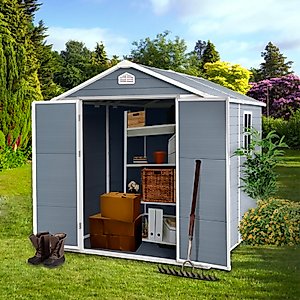 GLANZEND 8x6FT Resin Outdoor Storage Shed with Floor Foundation, Outside Garden Tool House with Side Window and Air Vent, Plastic Strong Structure for Patio Lawn, Garbage Chamber