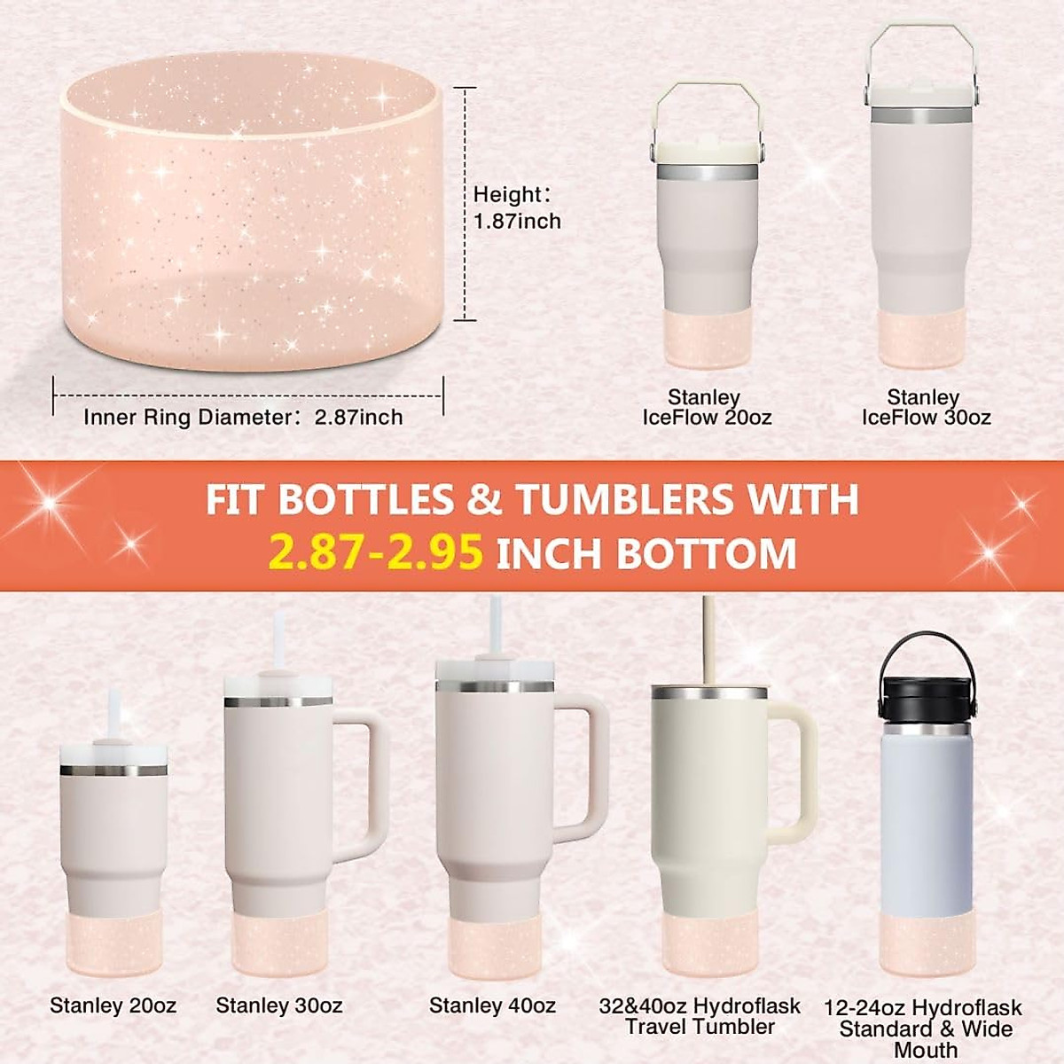 WUQID Protective Bling Silicone Boot Sleeve, Compatible with Stanley Tumbler 20-40oz & Hydro Flask Bottle 12oz-24oz, Glitter Reduces Dents Sleeve Cover for More Bottles/Tumblers Bottom of 2.83-2.95in