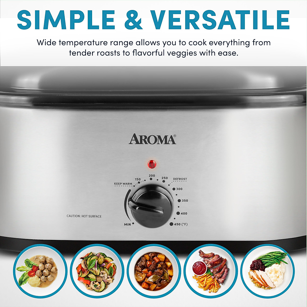 AROMA® 20Qt. Roaster Oven with Self-Basting Lid, Fits 24-lb. Turkey, Adjustable Temperature Settings, Keep Warm Setting, Stainless Steel (ART-720S)