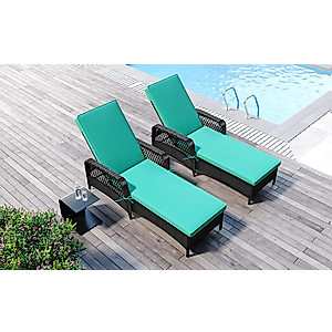 DHHU Foldable Chaise Sun Lounger Terrace, Outdoor Rattan Lounge Chair, Adjustable Back Recliner, (2 Set), Black Wicker/Green Cushion