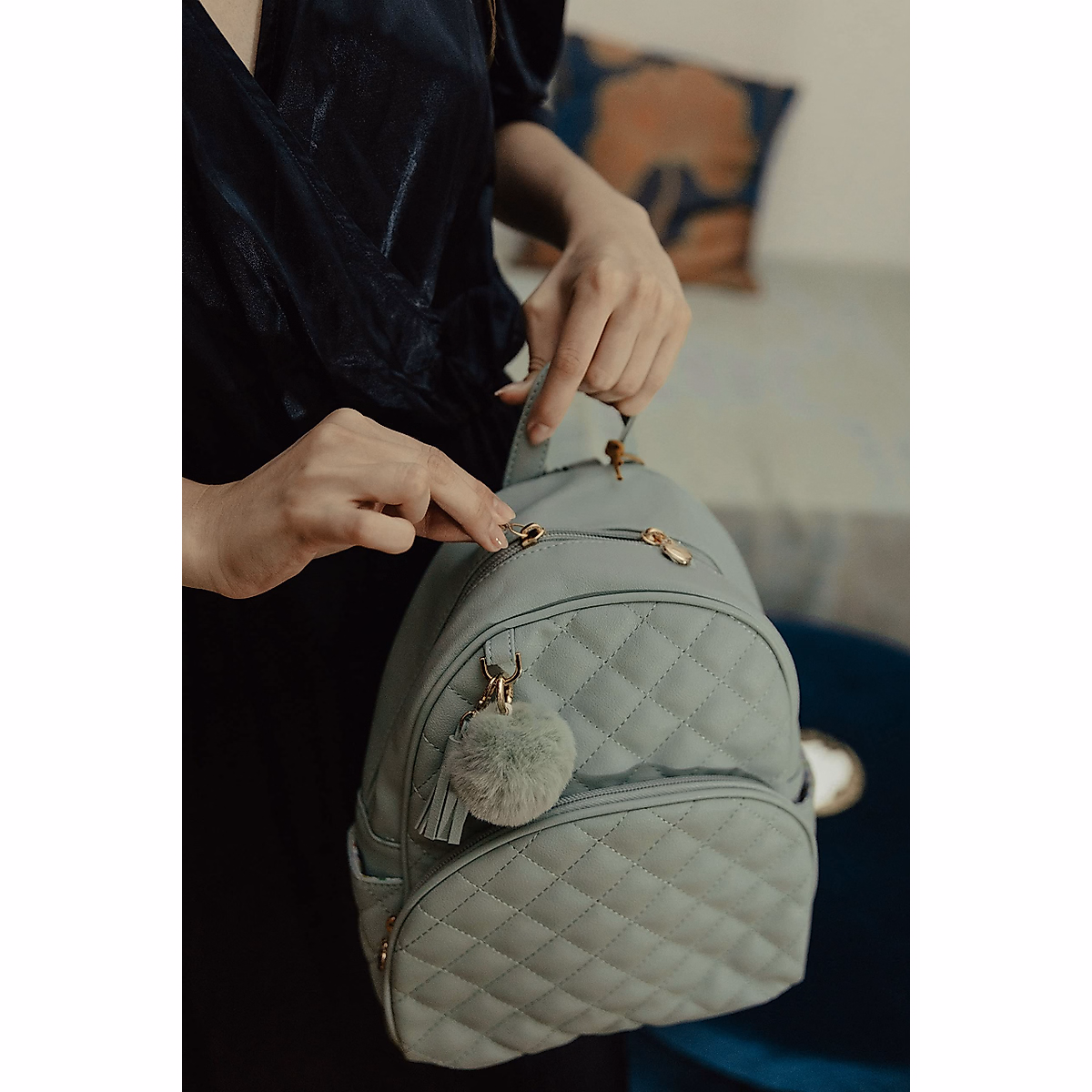 ECOSUSI Mini Backpack for Women Leather Small Backpack Purse for Ladies Cute Pom Bookbag Travel Shoulder Bag with Charm Tassel Green