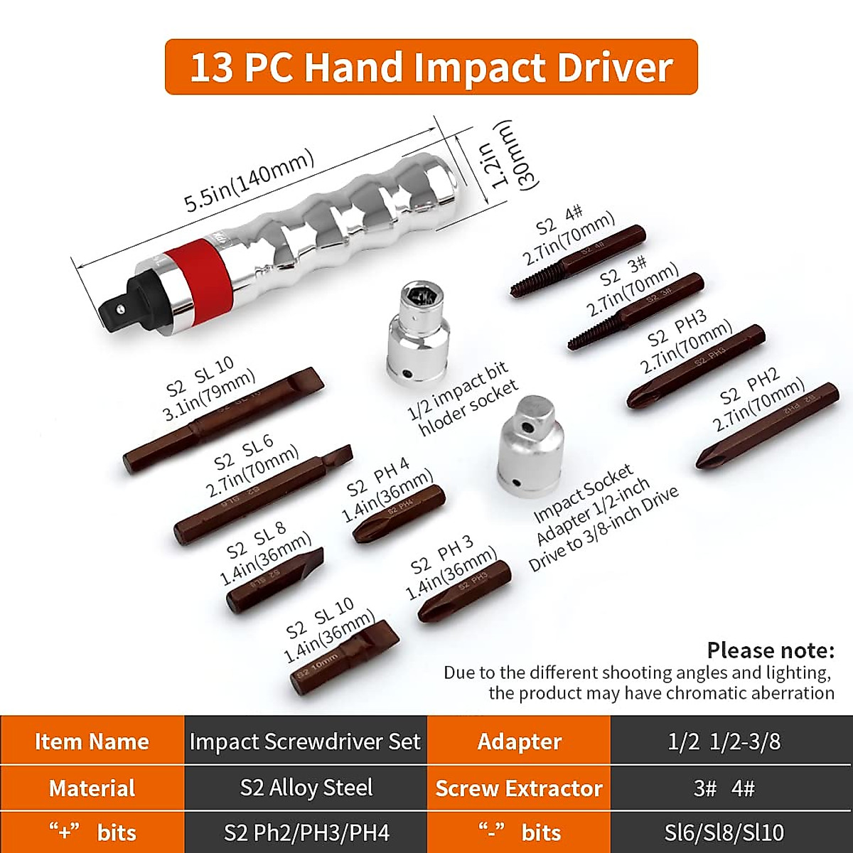 Pikwo Hand Manual Reversible 1/2-inch 3/8-inch Impact Driver Set Extractor-13PCS Impact Screwdriver S2 Steel Disengage Rusted Fasteners or Frozen Bolts