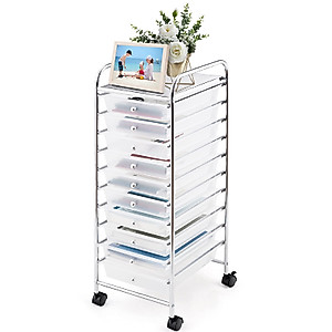 GOFLAME Rolling Drawer Cart with 10 Drawers, Utility Storage Organizer Cart with Wheels and Metal Frame, Art Cart for Office, School, Home, Clear
