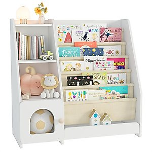 FKWin Kids Bookshelf, Kids Toy Storage Organizer, Baby Storage Book Rack, 4 Tier Kids Wooden Bookshelves, 5 Layer Sling Bookcase for Playroom, Bedroom, Living Room, Kids Room, Nursery, School(White)