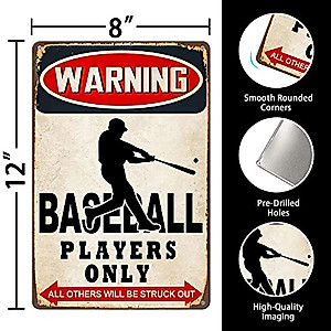 Baseball Decor Tin Sign,Warning Baseball Players Only All Others Will Be Struck Out Tin Sign Baseball Decorations for Boys Room Baseball Poster for Bedroom Tin Sign Sports Signs Wall Art Decor(8×12 inch)