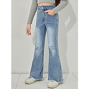 Floerns Girls Casual Ripped Frayed Split Hem Flare Bell Bottom Jeans Denim Pants Light Blue
