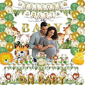 Safari Jungle Baby Shower Decorations, Jungle Animal Party Supplies Decor for Boy Girl Showers Birthdays with Banners Cake Topper Cupcake Topper Balloons Sash Corsage