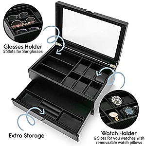 HAUTEROW Watch Box Organizer For Men Jewelry Box, Watch Case Sunglass Organizer Valet Tray Mens Jewelry Organizer Holds 6 Watches 3 Sunglasses