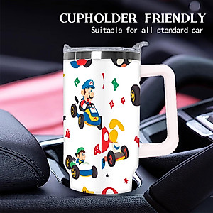 FOCIUZTA 40oz Playful Mario Kart Pattern Tumbler with Lid, Travel Coffee Cup, Ideal for Easter, Gaming Enthusiast, Mother Day, and Birthday Gifts