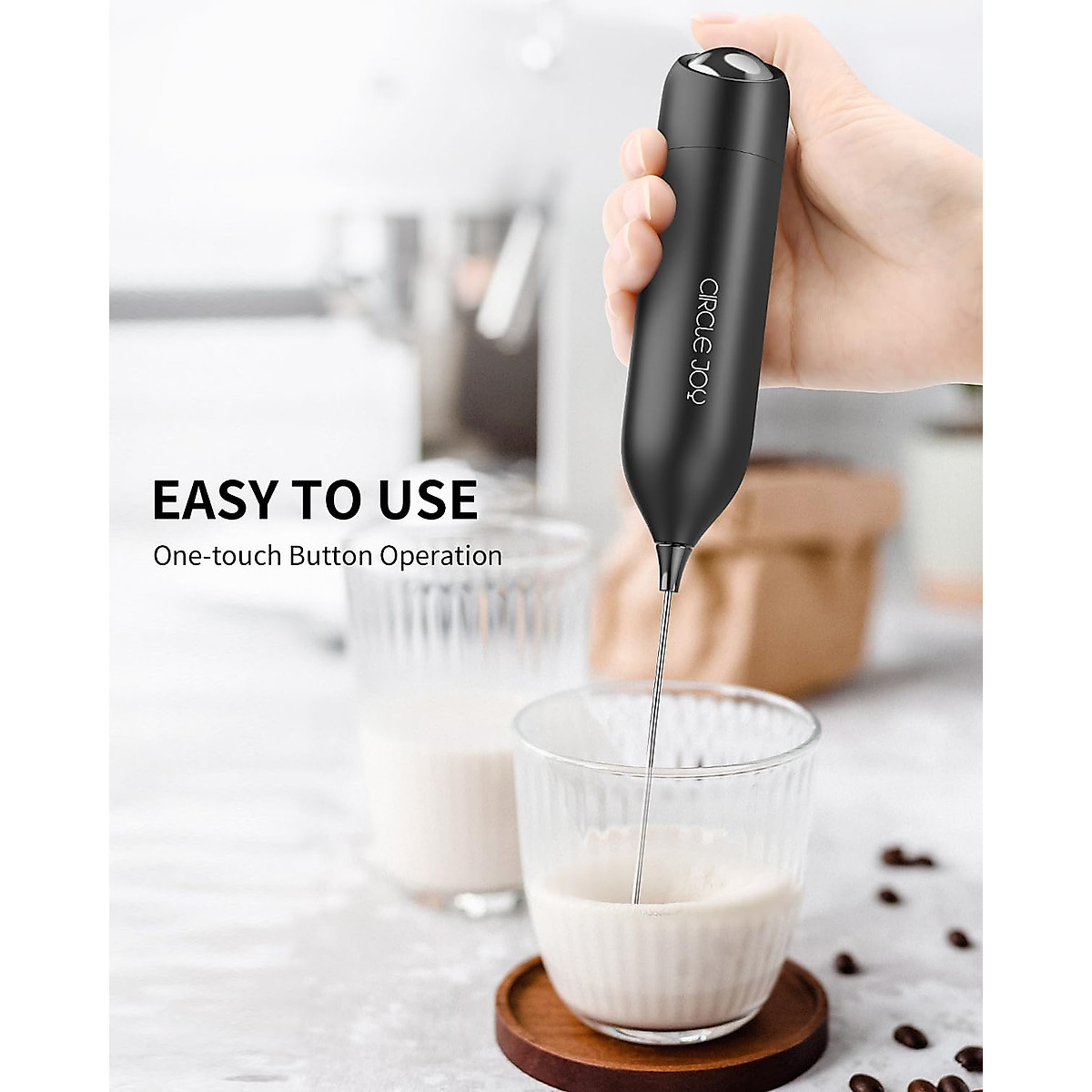 CIRCLE JOY Milk Frother Hanheld with Stand, Electric Coffee Frother, Battery Operated Hand Frother Wand Drink Mixer Mini Foamer for Matcha Lattes Cappuccino, Kitchen Gifts, Black