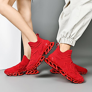 Poramea Mens Slip on Loafers Walking Tennis Shoes Laceless Jogging Blade Sneakers Mesh Trail Running Casual Athletic Red Size 12 Women/11 Men