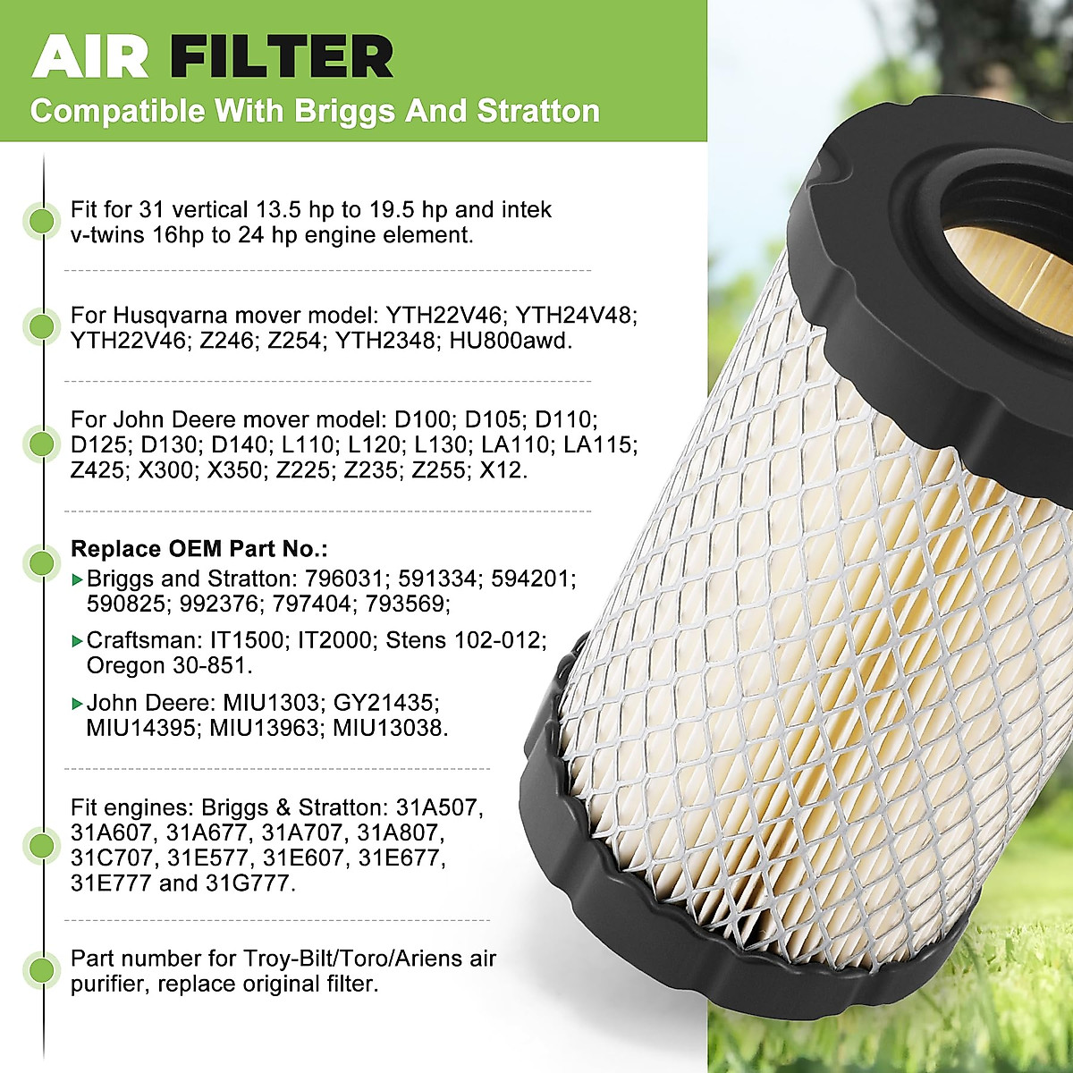 LERMITY 796031 Air Filter Tune Up Kit,Lawn Mower Oil Filter Replacement Compatible with Briggs and Stratton 591334 492932 696854; John Deere D100 D110 D125 D130; Husqvarna YTH22V46 YTH24V48 YTA22V46
