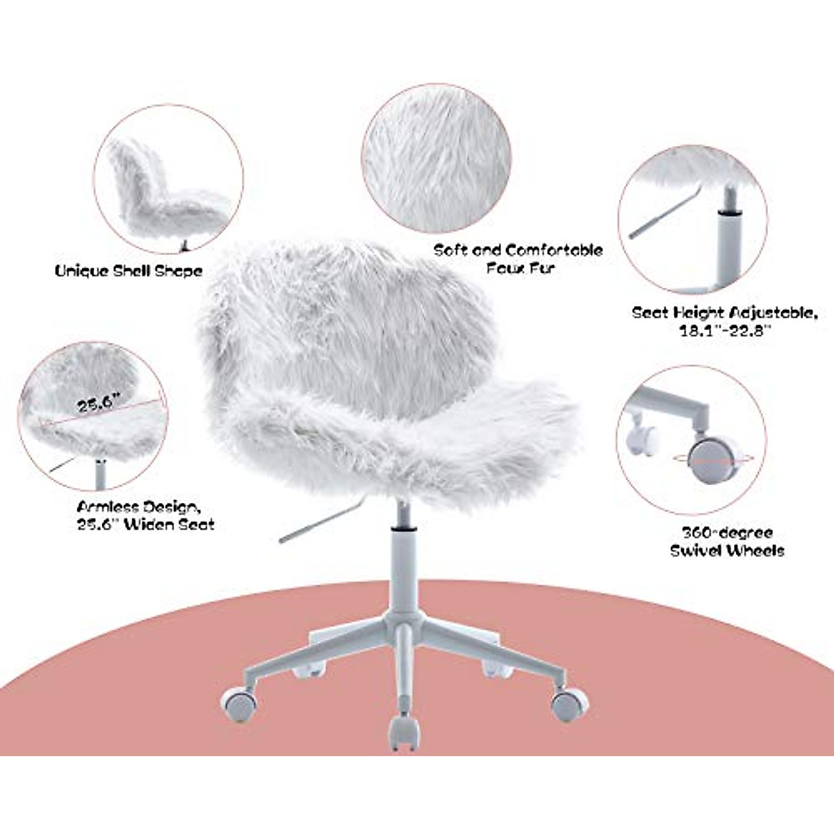 White Vanity Chair Faux Fur Swivel Desk Chair Cute Fluffy Armless Office Chair Rolling Makeup Chairs for Teens Bedroom Study Room, Height Adjustable