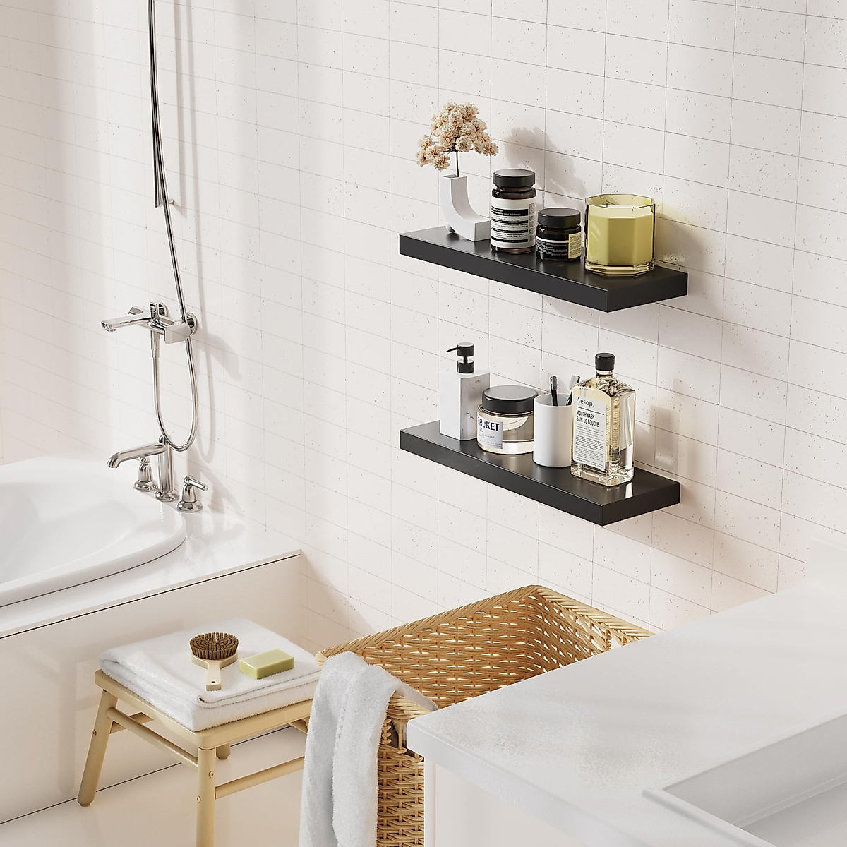 Bellsal Floating Shelves, Black Engineered Wood Wall Shelf Set of 2, 15" Wall Mounted Floating Shelf, Hanging Wooden Shelf Invisible with Brackets for Bedroom, Kitchen, Living Room, Bathroom Decor