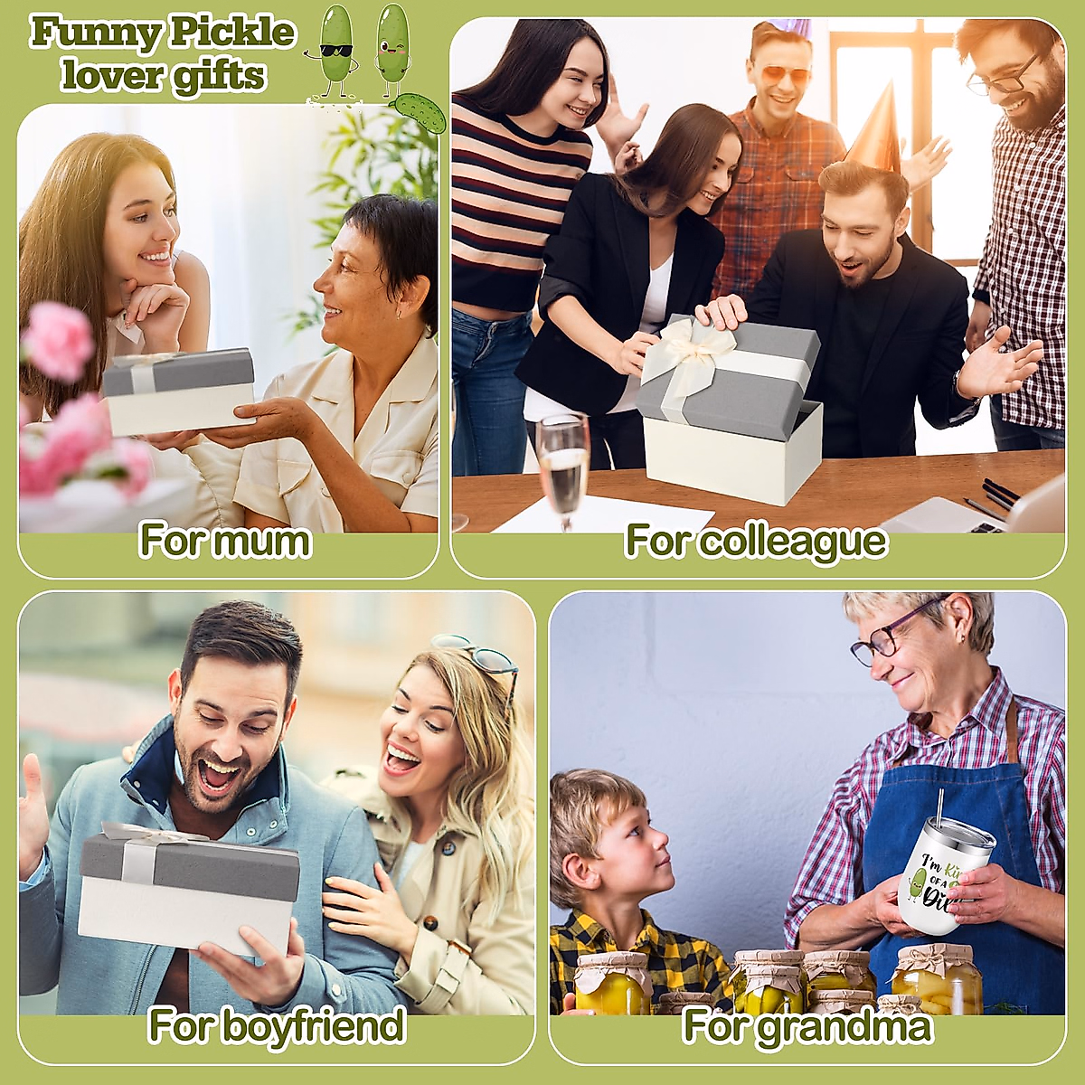 Soaoo Funny Pickle Gifts for Pickle Lovers Just a Girl Who Loves Pickles Makeup Bag Insulated 12 oz Stainless Steel Tumbler Pickle Sock Gift Box with Card Pickle Christmas Gift(Pink and White)