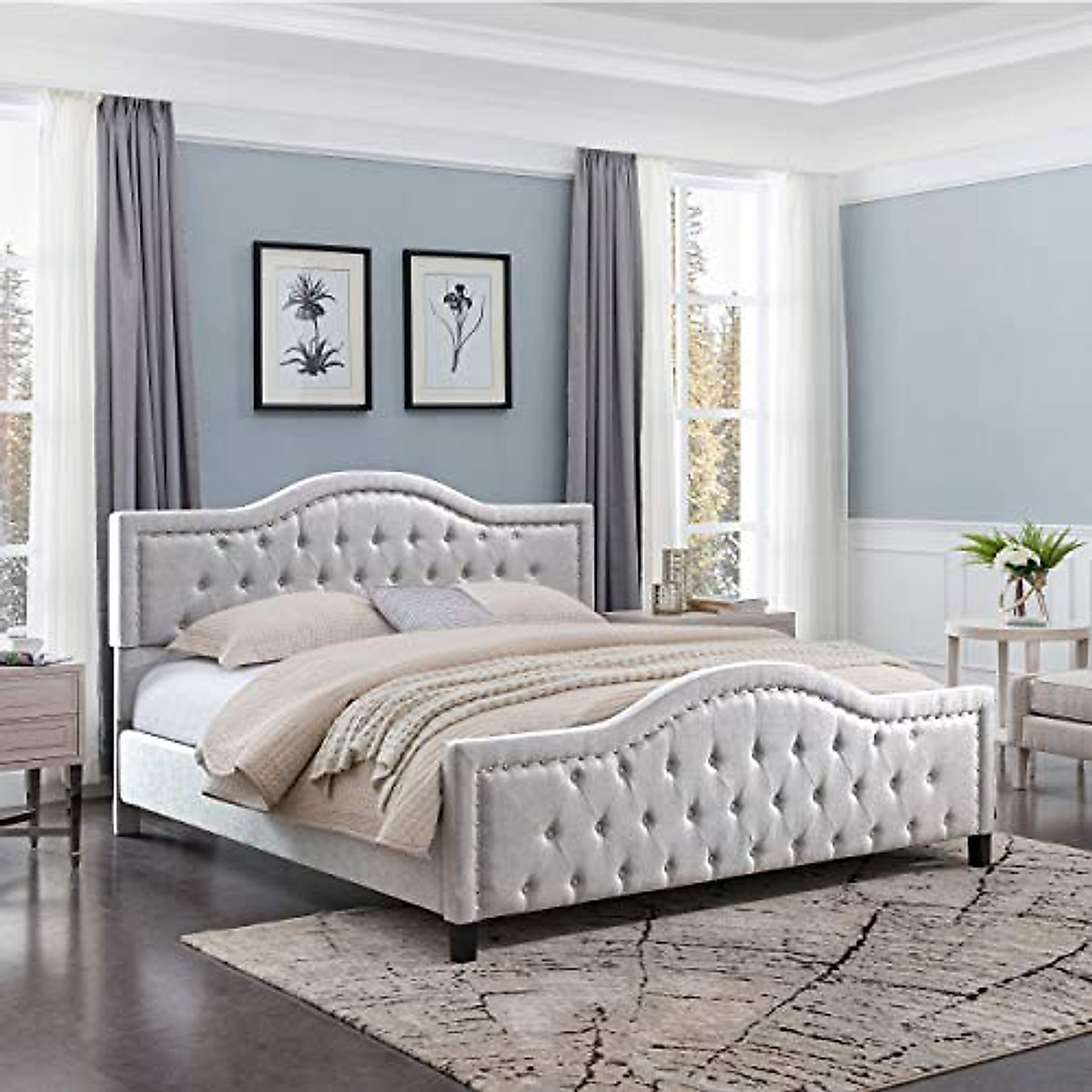 Christopher Knight Home Mason Fully-Upholstered Traditional King-Sized Bed Frame, Light Gray, Dark Brown