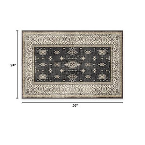 RUGGABLE Verena Washable Rug - 2x3 Rug - Machine Washable Vintage Area Rug for Dining Room, Kitchen, Living Room, and Bedroom - Non-Slip Pad - Stain & Water Resistant (Standard Pad) - Dark Wood 2'x3'