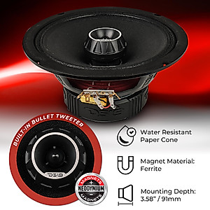DS18 PRO-ZT Pro Audio Coaxial Midrange Speakers with Built-in Bullet Tweeter, 4-Ohms, Water Resistant - Black Metal Mesh Grill Included (1 Speaker) (8" inches)